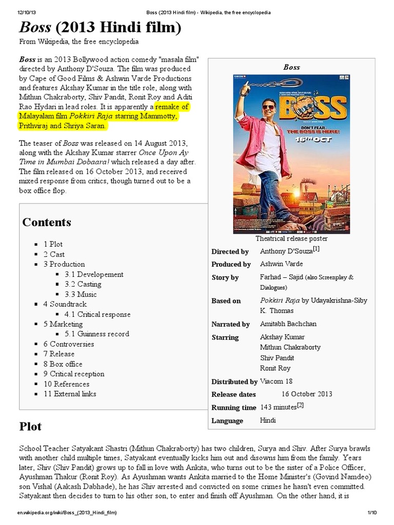 Boss (2013 Hindi Film) - Wikipedia, The Free Encyclopedia | PDF ...