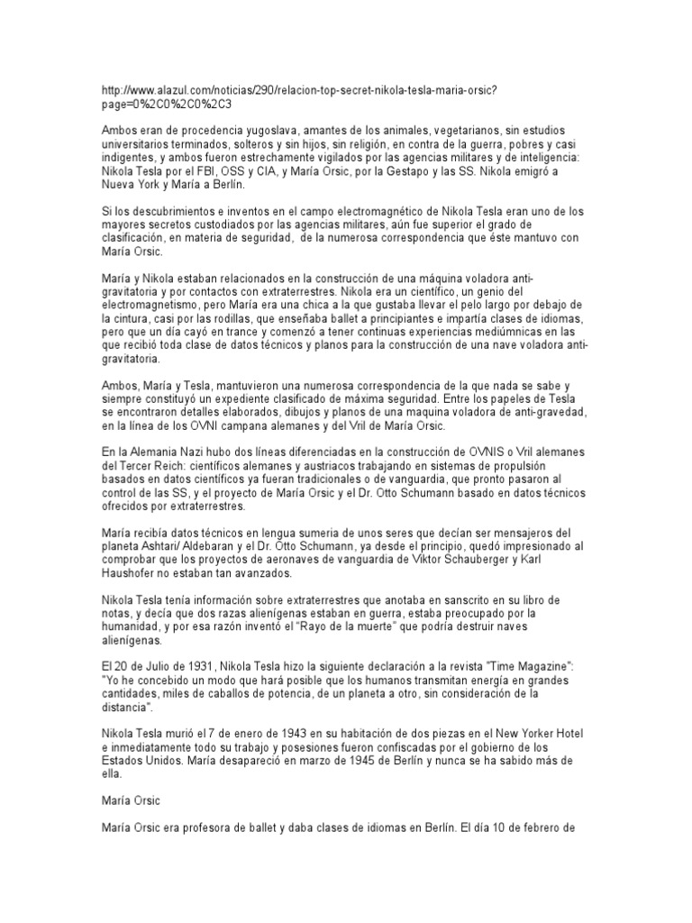 La Relación Top Secret de Nikola Tesla y María Orsic | PDF | Conflicto ...