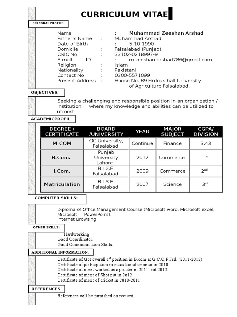 Curriculum Vitae: Muhammad Zeeshan Arshad | PDF
