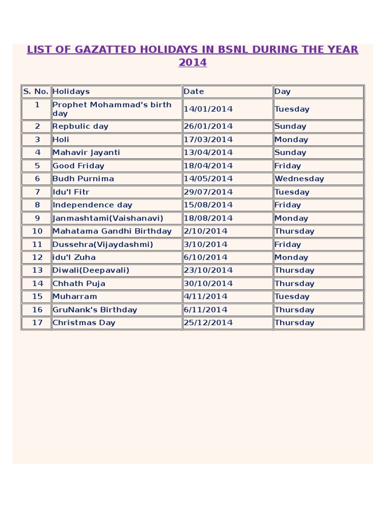 BSNL 2014 Gazetted & Restricted Holidays | PDF