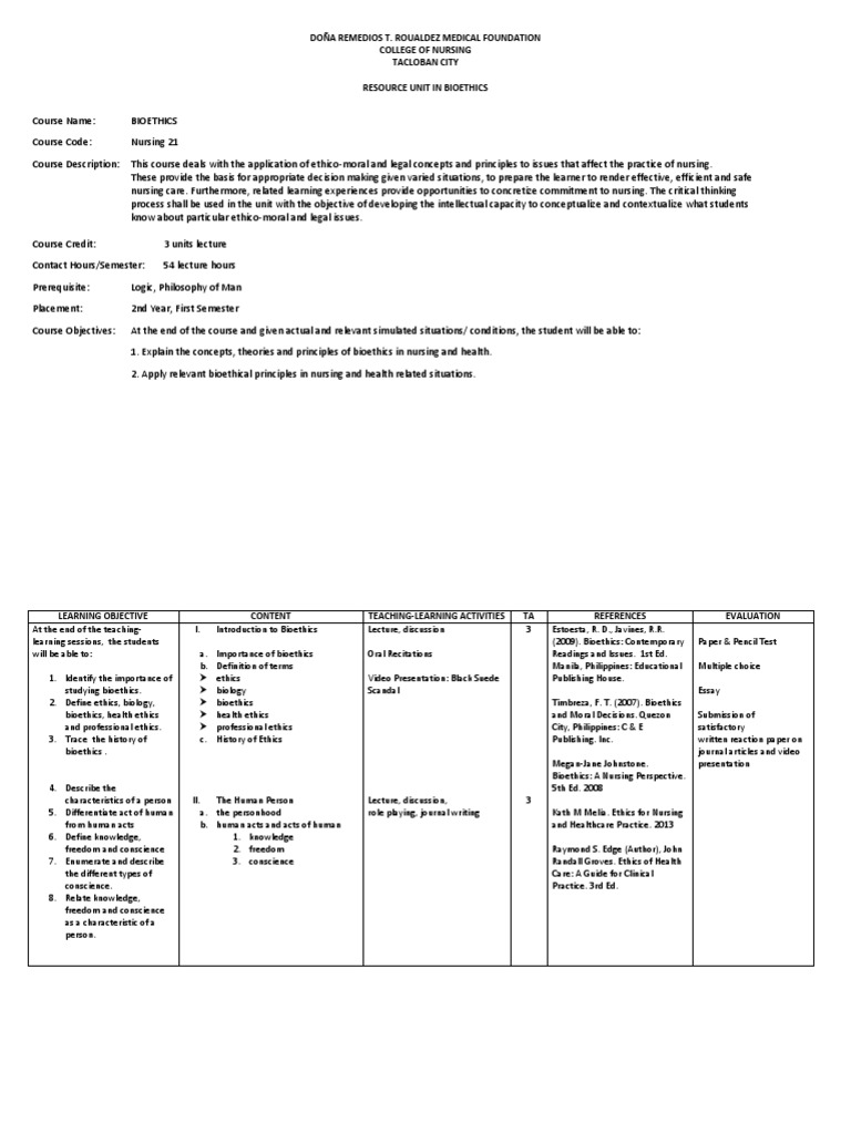 Resource Unit Bioethics | Download Free PDF | Bioethics | Nursing