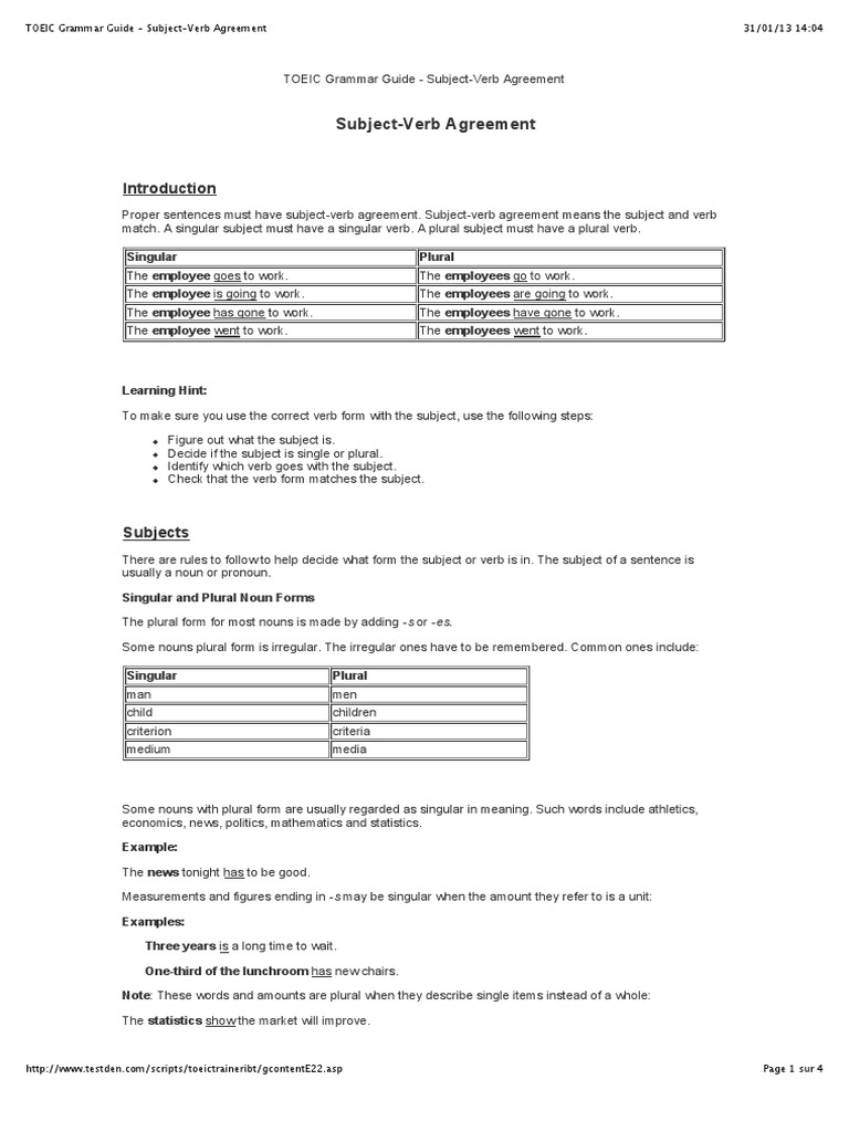 Toeic Grammar Guide Subject Verb Agreement | PDF | Grammatical Number | Plural
