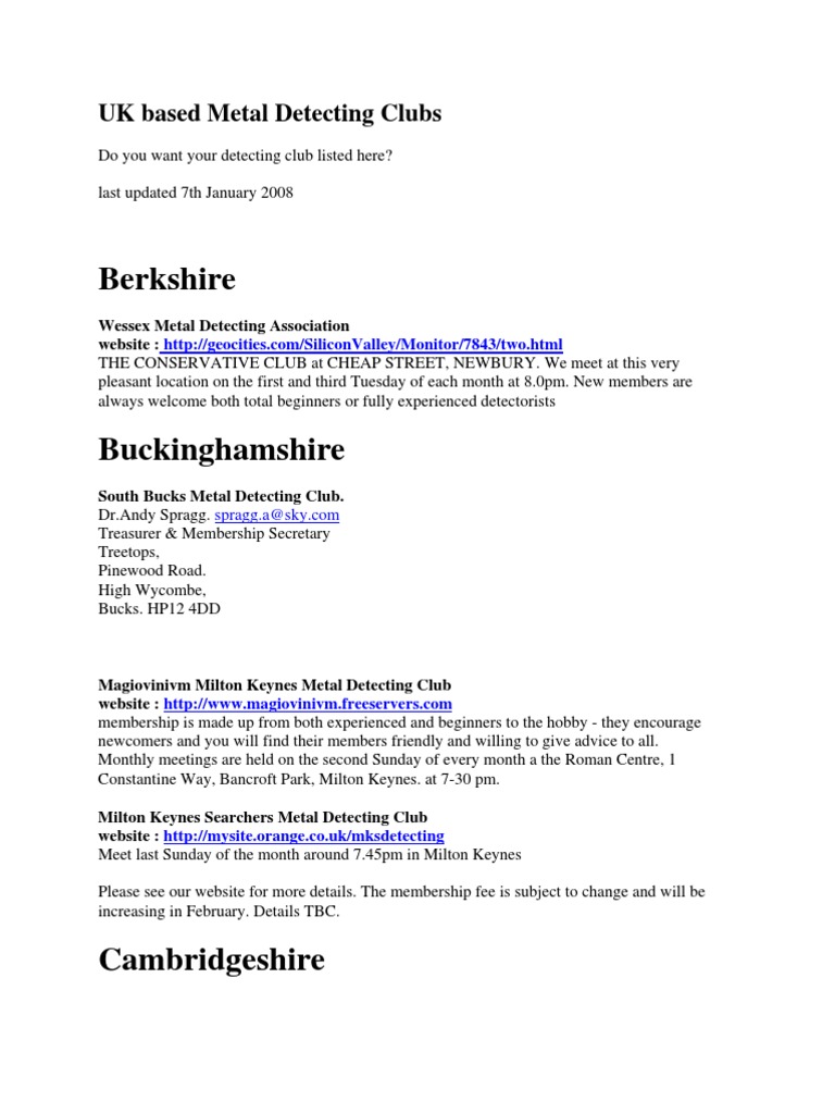 UK Based Metal Detecting Clubs | PDF | Kent | Archaeology