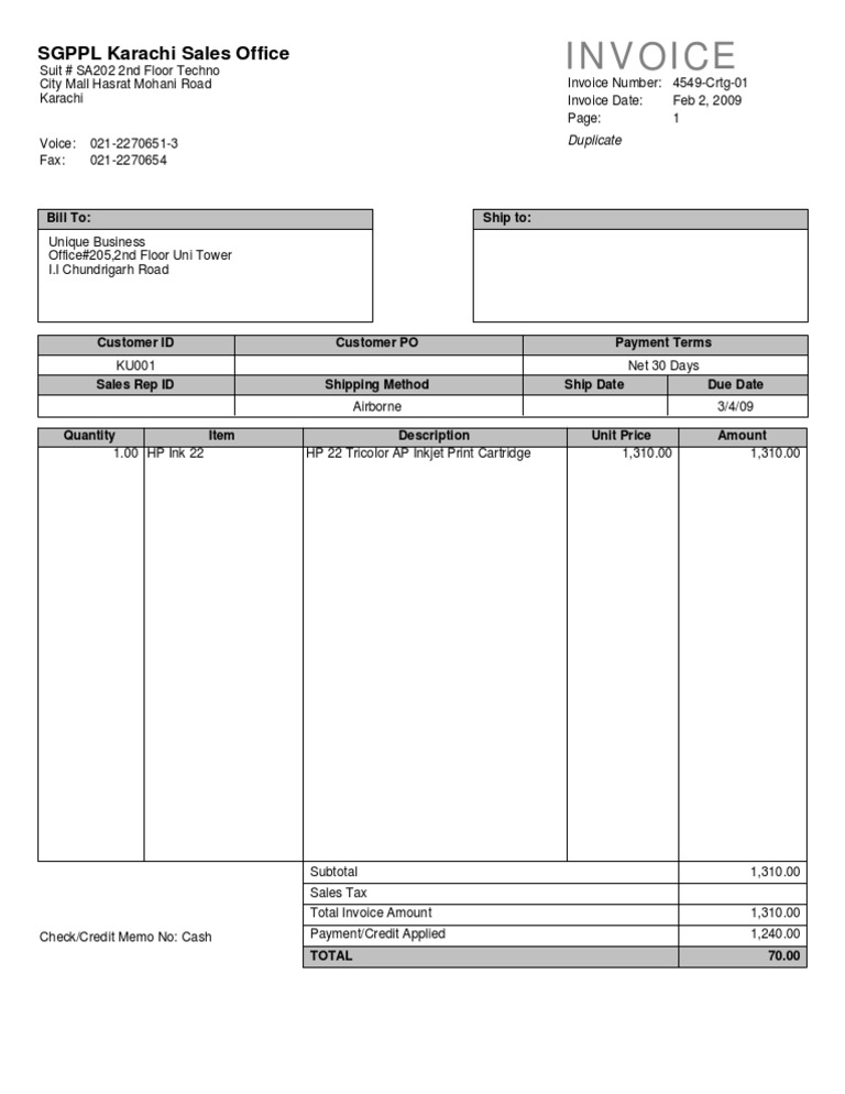 Invoice for HP Ink Cartridge Purchase | PDF