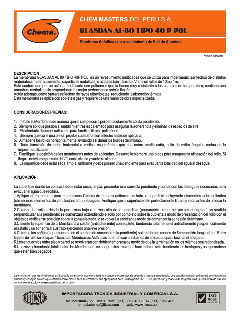 MEMBRANA GLASDAN AL 80 T 40P POL CHEMA Mod PDF | PDF | Revestimiento | Aluminio