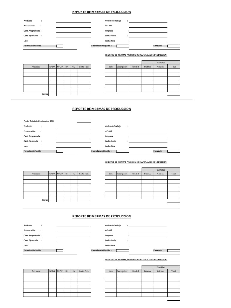 Formato de Reporte de Mermas - Envasado