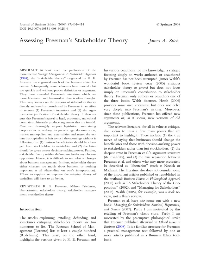 Assessing Freeman's Stakeholder Theory | PDF | Stakeholder (Corporate ...