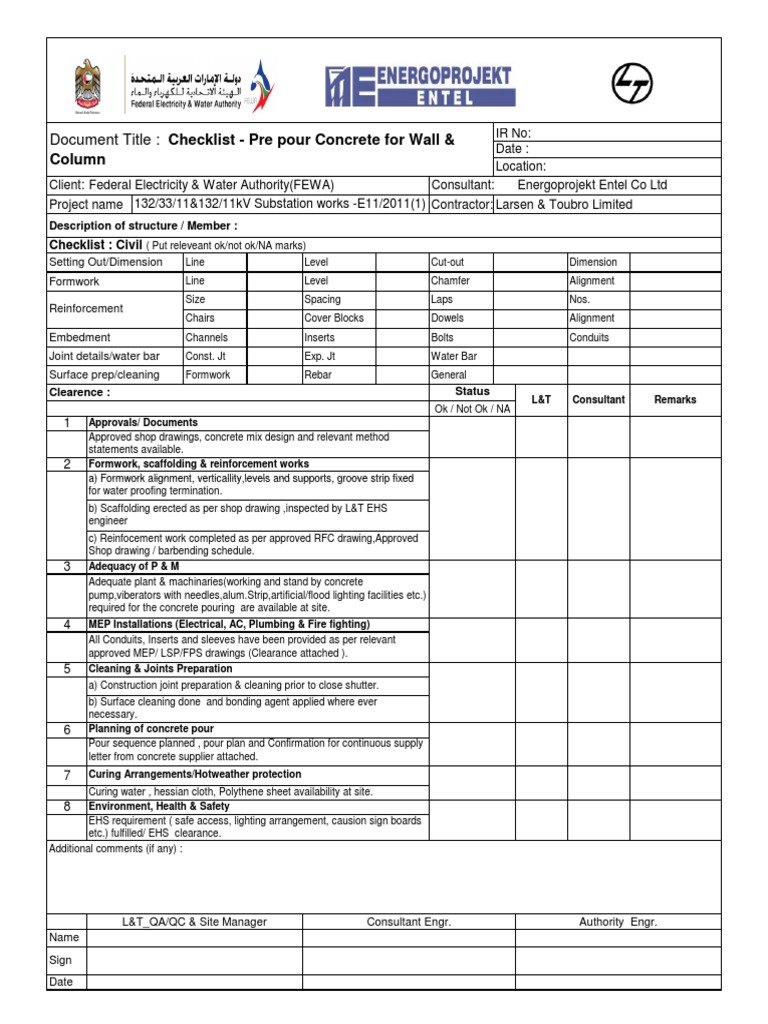 Pre-Pour Concrete Checklist for Substation | PDF | Technology & Engineering