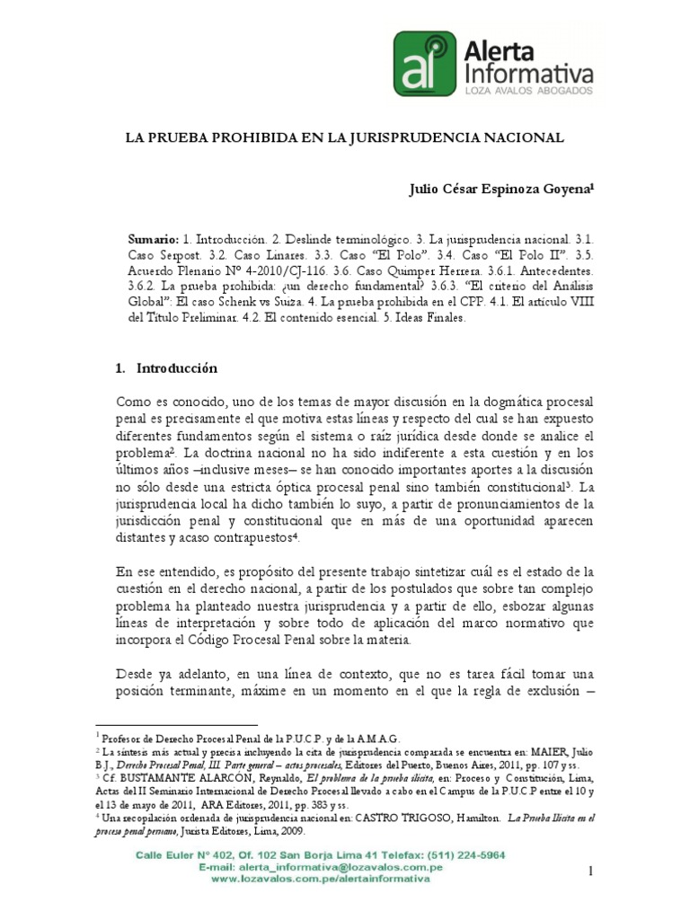 La Prueba Prohibida en La Jurisprudencia Nacional - Julio Espinoza Goyena | PDF | Evidencia (ley ...