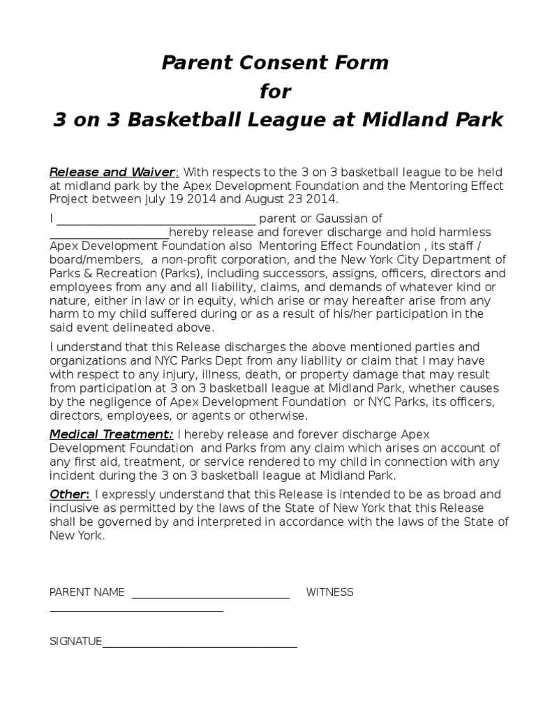 Midland Park Basketball League Consent Form | PDF | Finance & Money ...