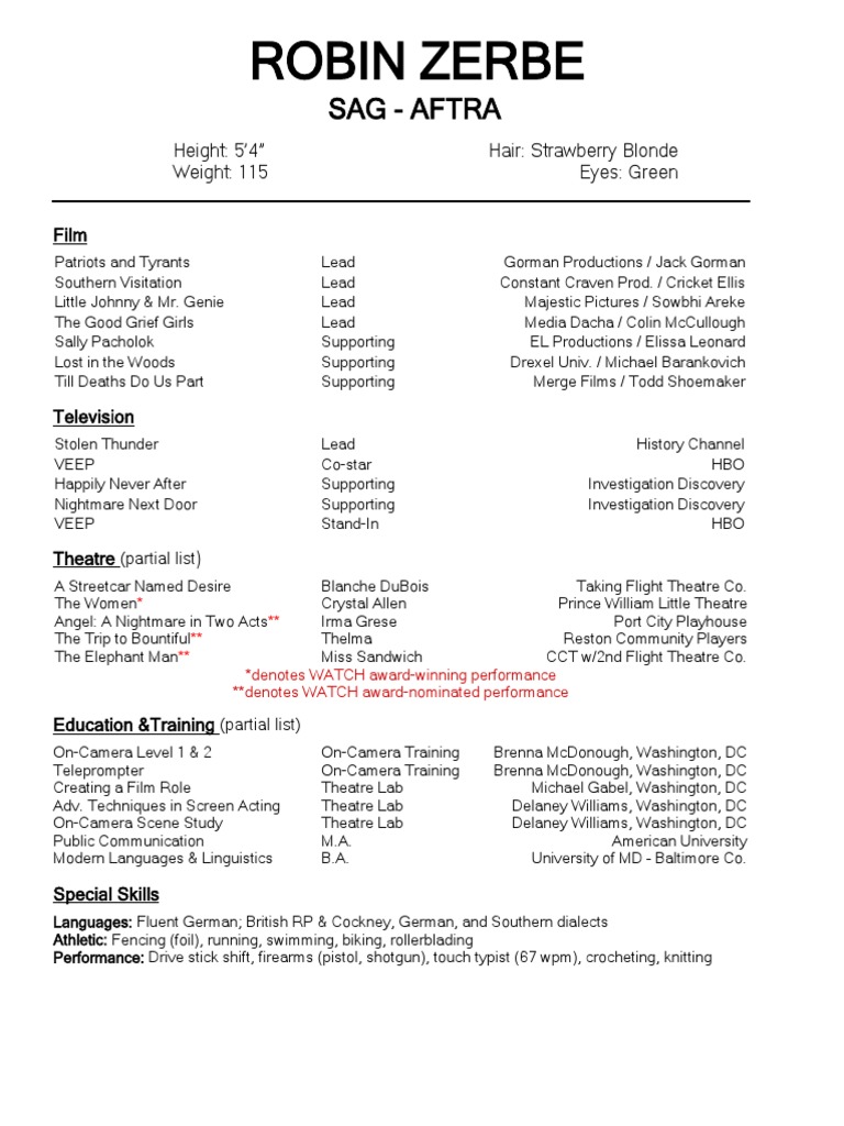 Robin Zerbe: Acting Resume & Skills | PDF