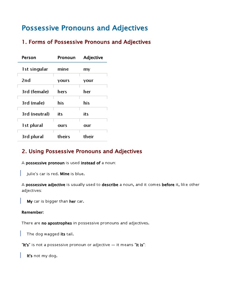 Possessive Pronouns and Adjectives | PDF | Pronoun | Syntax
