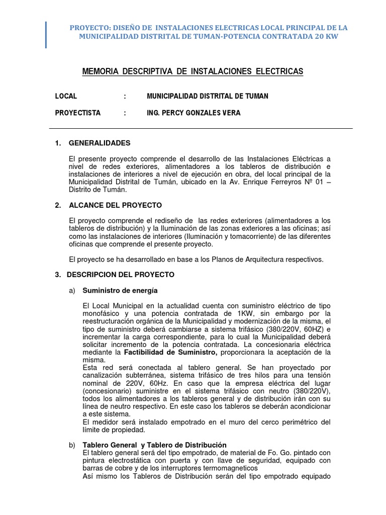 Memoria Descriptiva de Instalaciones Electricas | PDF | Corriente eléctrica | Enchufes y tomas ...