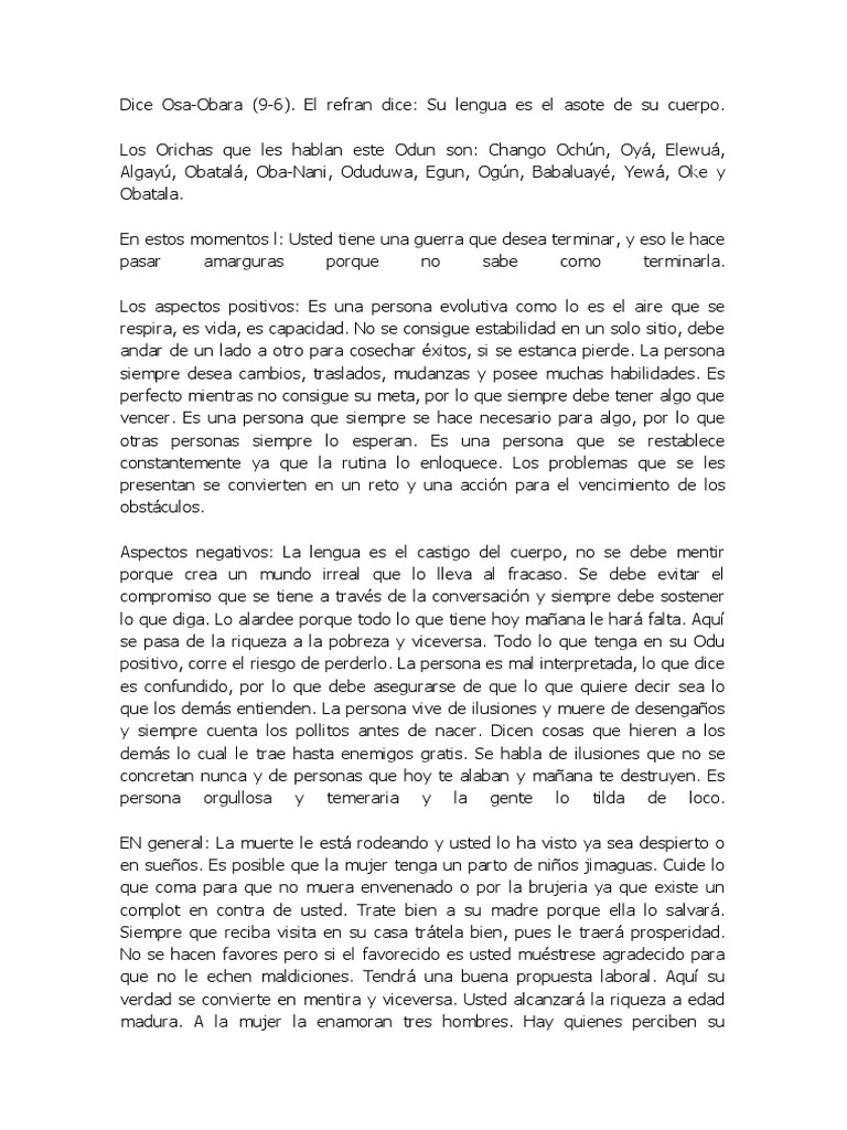 Odu Osa-Obara (9-6): Significado y Recomendaciones | PDF | Santeria ...