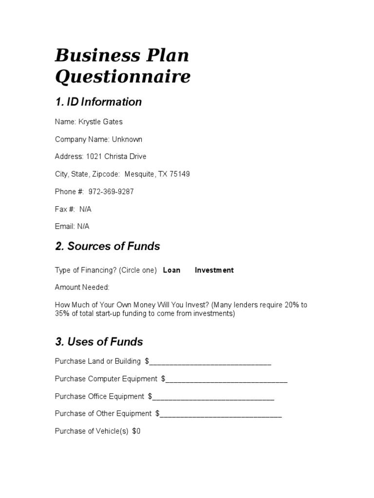 Business Plan Questionnaire Template | PDF | Household Behavior And ...