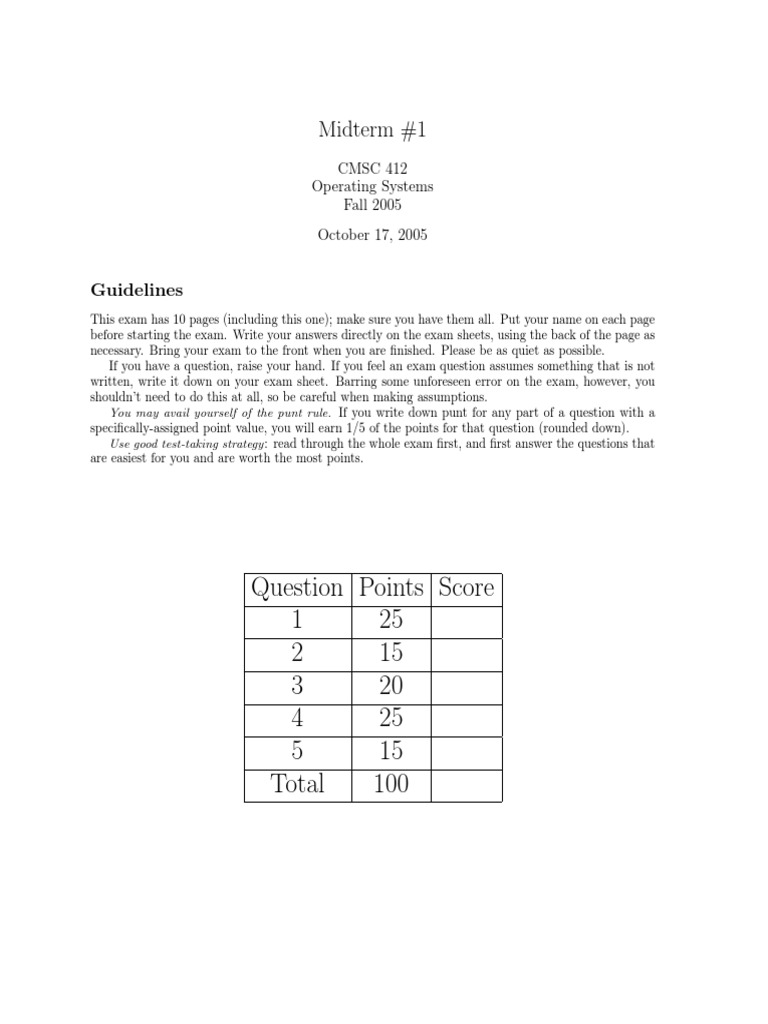 Operating Systems Midterm Exam with Questions on Scheduling Algorithms, Signals, Concurrency ...