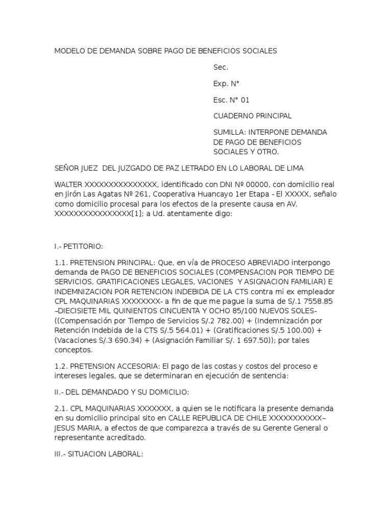 Modelo de Demanda Sobre Pago de Beneficios Sociales | PDF | Derecho laboral | Salario
