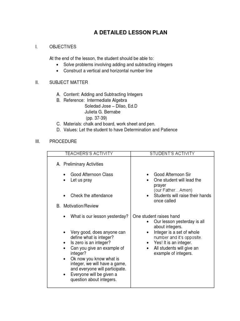 A Detailed Lesson Plan | PDF | Integer | Algebra