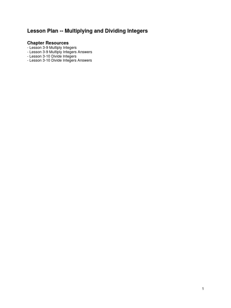 Lesson Plan - Multiplying and Dividing Integers: Chapter Resources ...