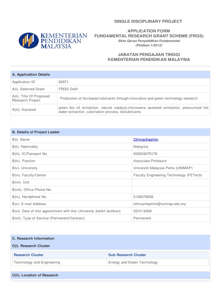 Single Disciplinary Project Application Form Fundamental Research Grant ...