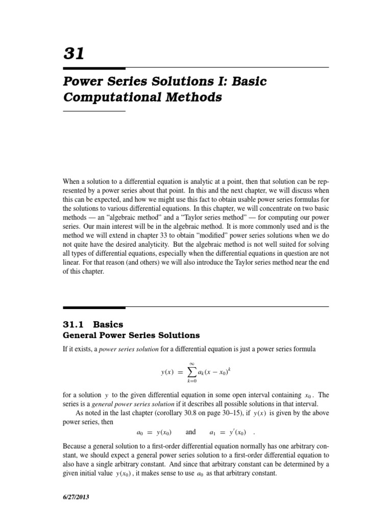 Power Series Solutions I: Basic Computational Methods: 31.1 Basics | PDF