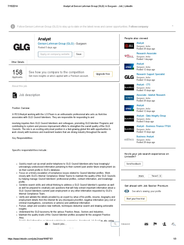 Analyst at Gerson Lehrman Group (GLG) in Gurgaon - Job - LinkedIn | PDF ...
