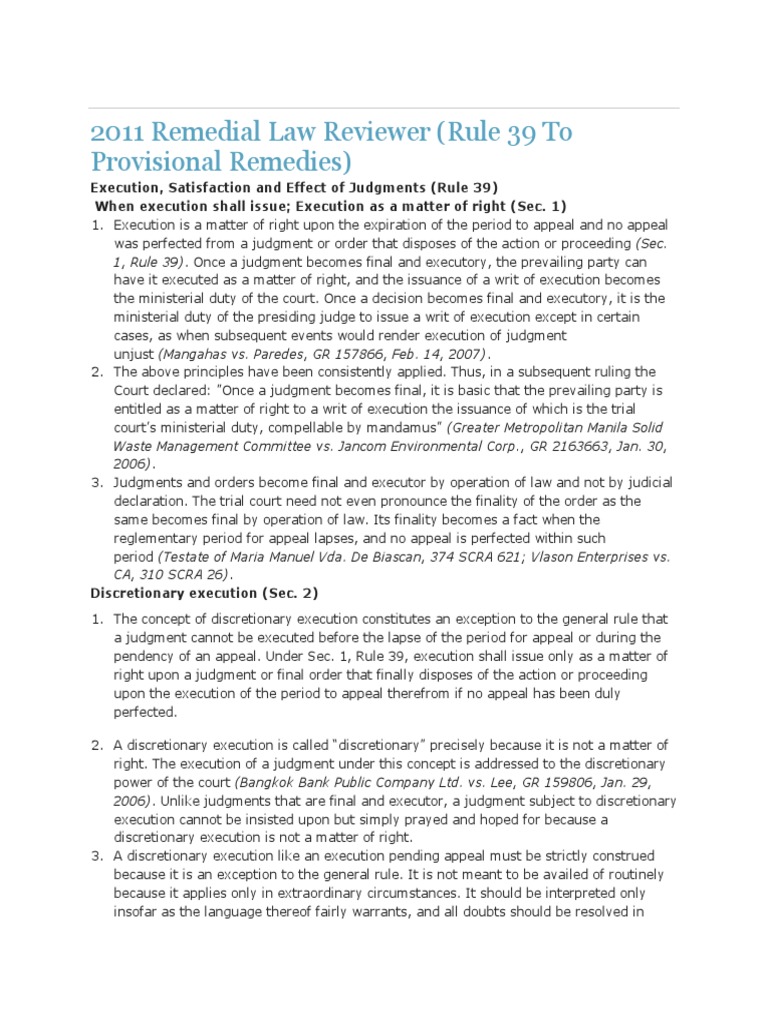 Civil Procedure Rule 39 To Provisional Remedies | PDF | Garnishment ...