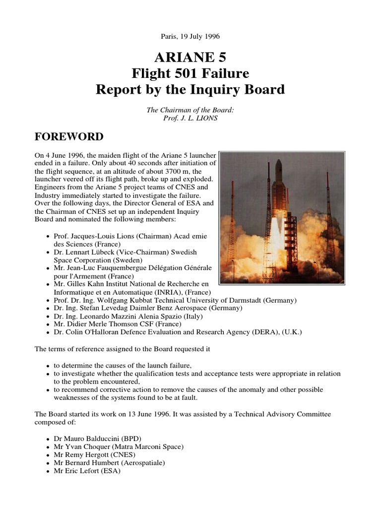 Ariane 5 Flight 501 Failure Report by The Inquiry Board: Foreword | PDF ...