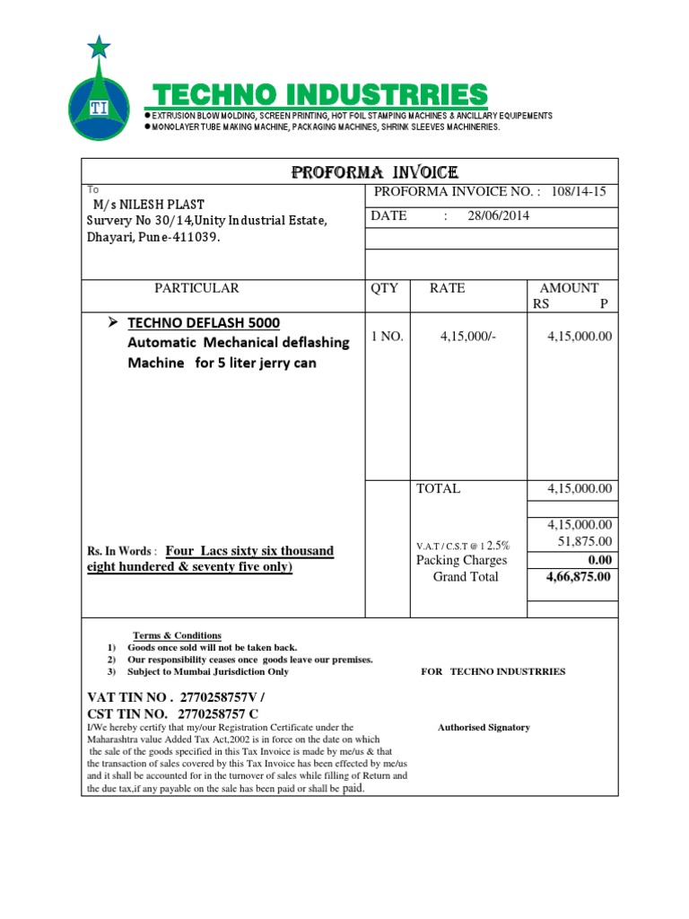 Techno Industries Performa Invoice | PDF | Invoice | Value Added Tax