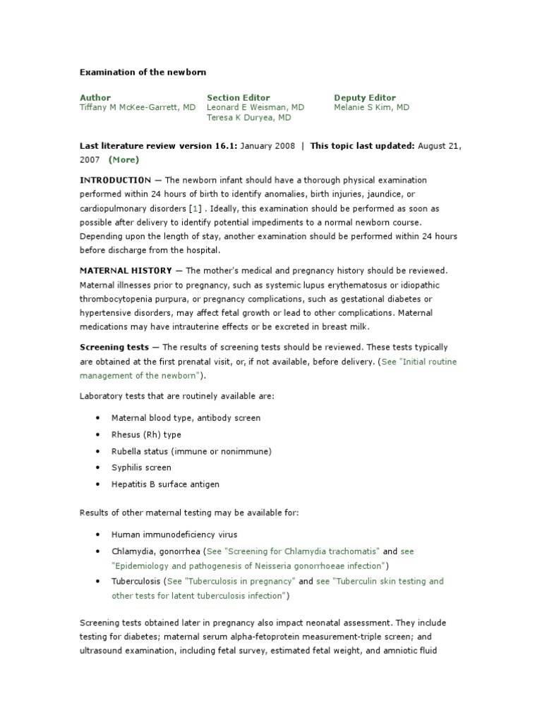 Examination of The Newborn | PDF | Medical Specialties | Wellness