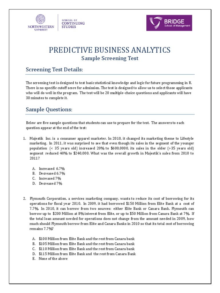 Predictive Business Analytics: Sample Screening Test Screening Test ...