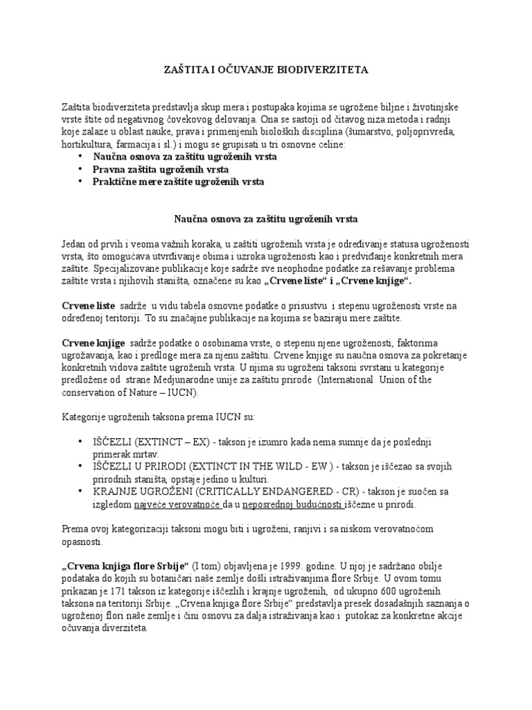 Zastita I Ocuvanje Biodiverziteta | PDF