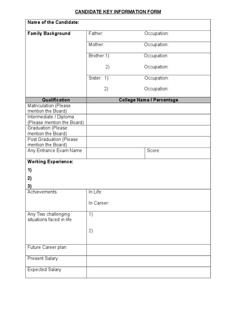Candidate Key Information Form | PDF