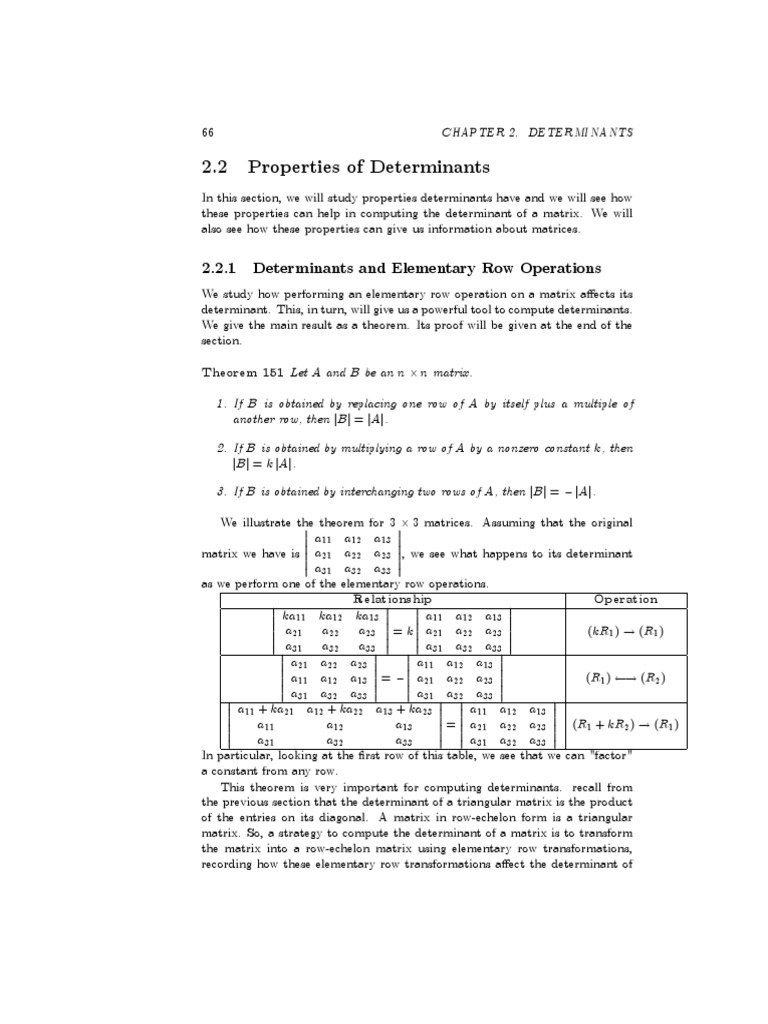 2.2 Properties of Determinants: 2.2.1 Determinants and Elementary Row Operations | PDF ...