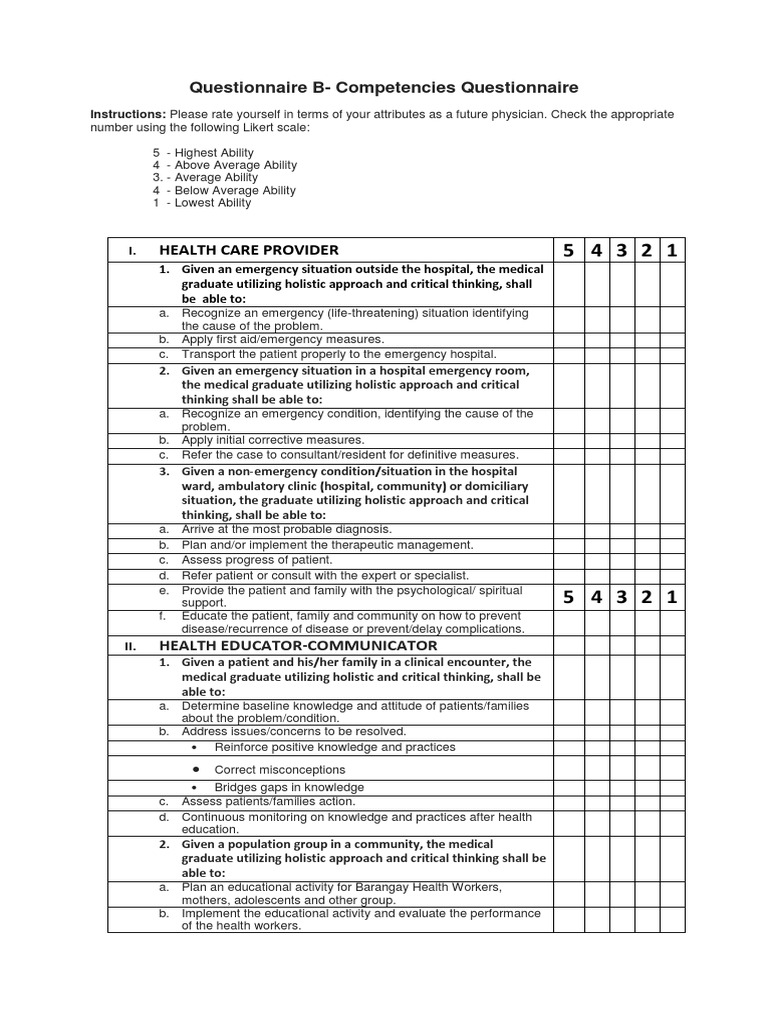 Questionnaire B-Competencies Questionnaire: Health Care Provider | PDF ...