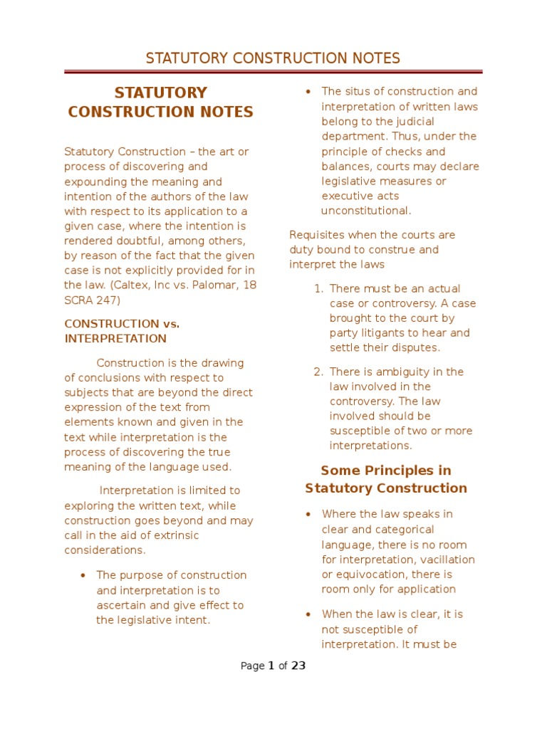 Statutory Construction Notes | PDF | Statutory Interpretation | Common Law
