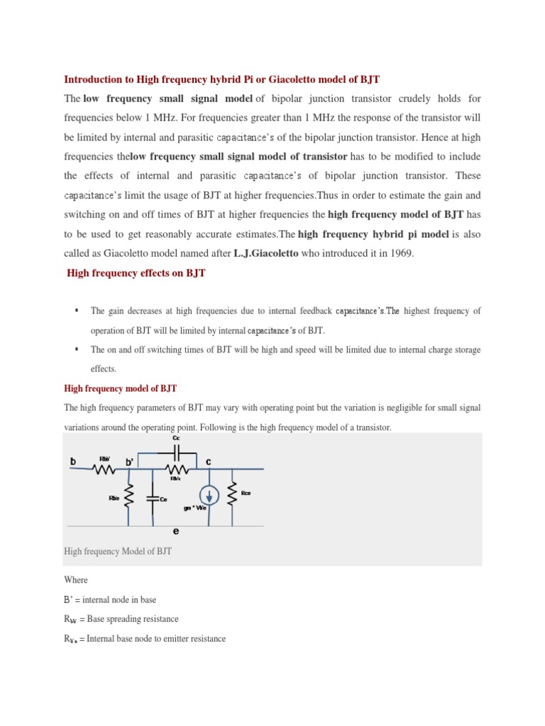 Introduction To High Frequency Hybrid Pi or Giacoletto Model of BJT | PDF