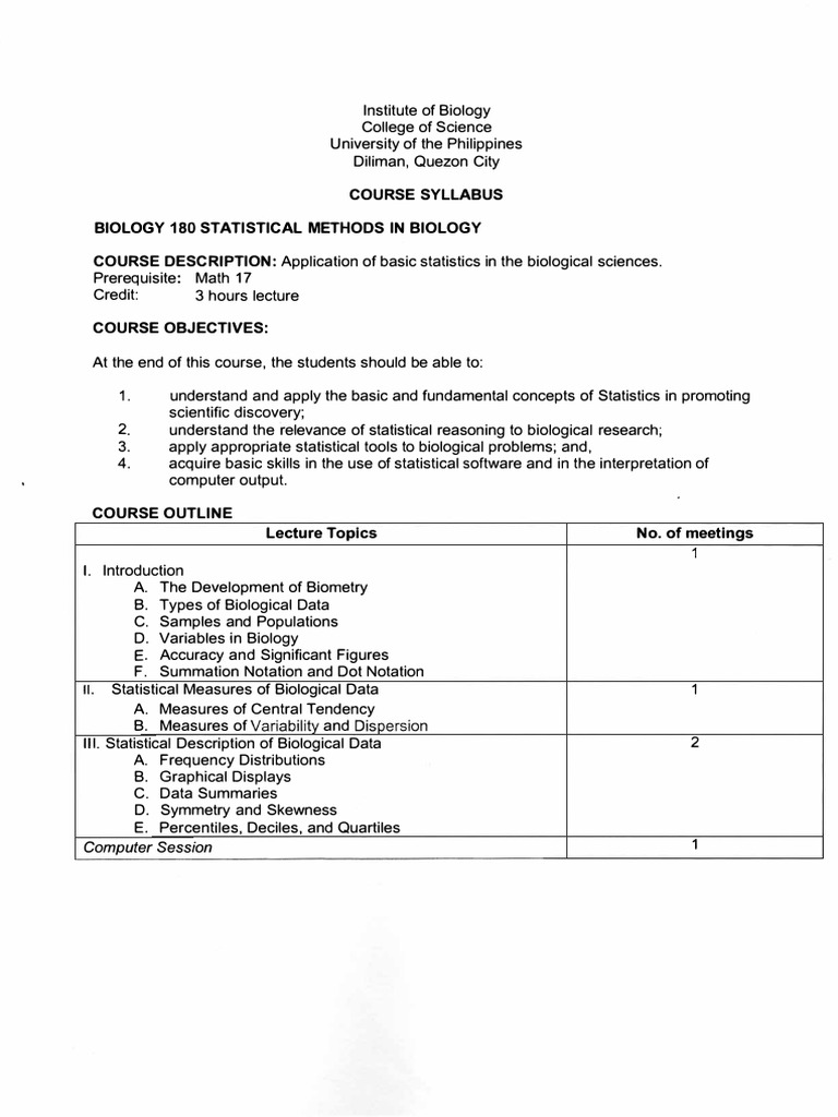 Course Syllabus Biology 180 Statistical Methods in Biology | PDF ...