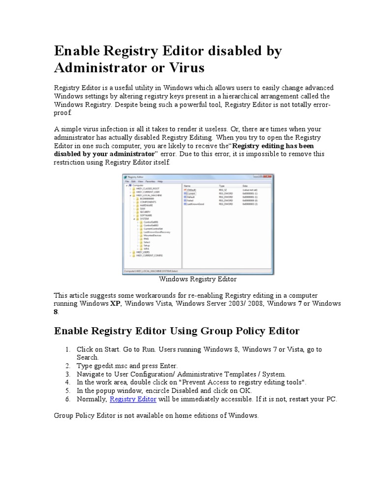 Enable Registry Editor Disabled by Administrator or Virus | PDF ...