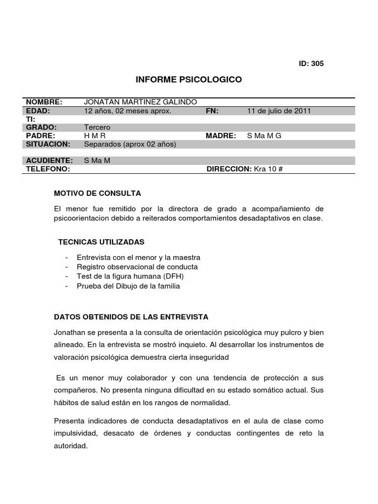 Ejemplo Informe Psicologico | PDF | Comportamiento | Ciencias del comportamiento