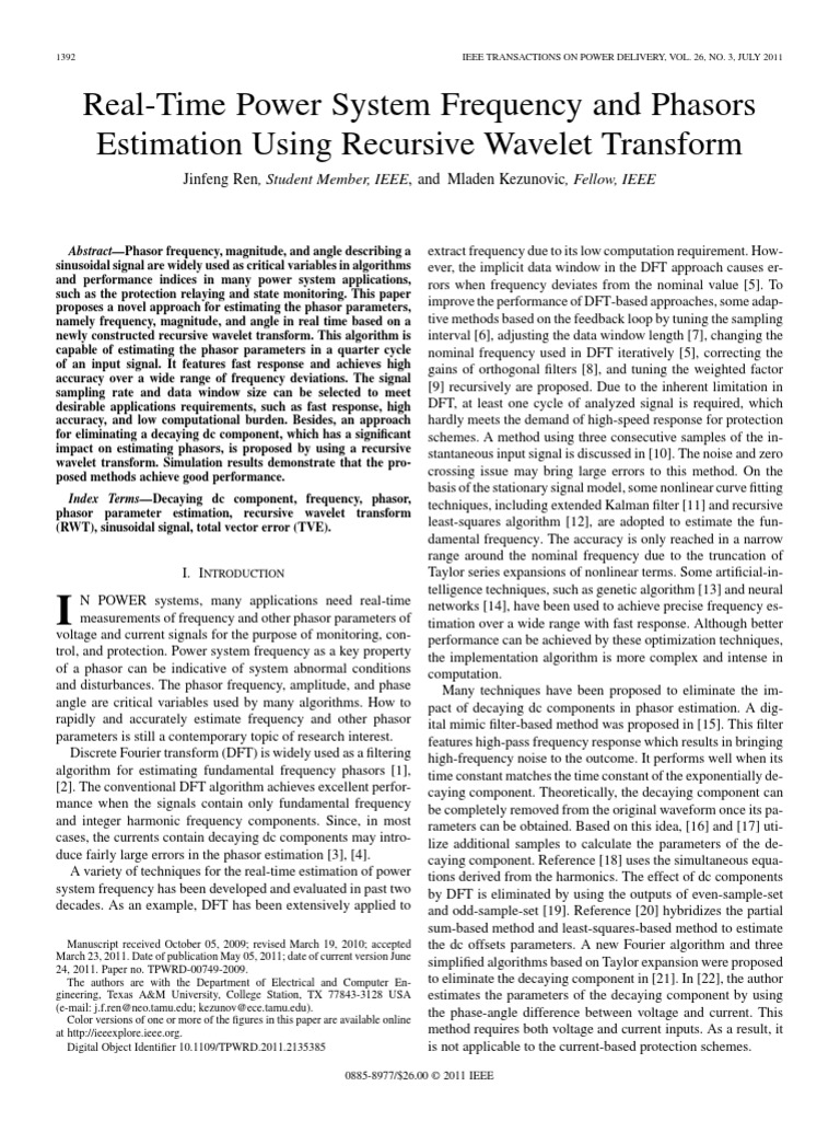 Real-Time Power System Frequency and Phasors Estimation Using Recursive ...