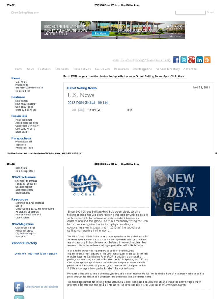 2013 DSN Global 100 List - Direct Selling News | PDF | News | Magazines