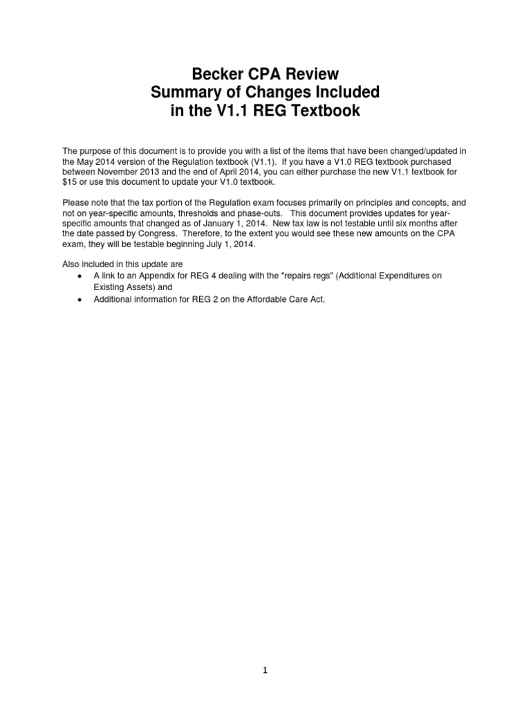 Becker CPA Review Summary of Changes Included in The V1.1 REG Textbook ...