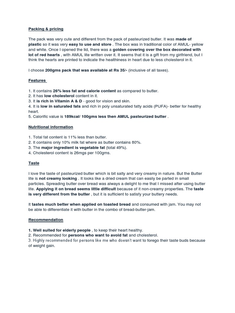 Amul Lite Butter Project Details | PDF | Fat | Saturated Fat