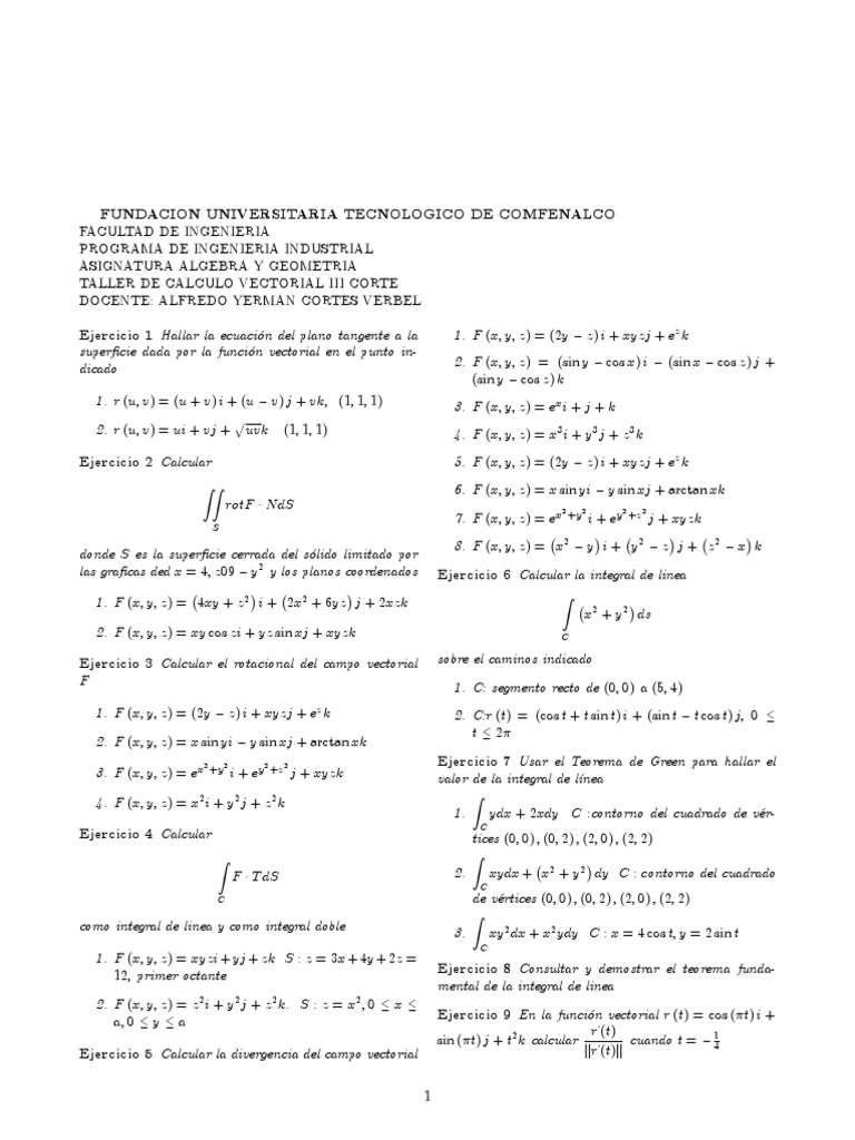Taller III Corte Calculo Vectorial | PDF | Integral | Vector Euclidiano