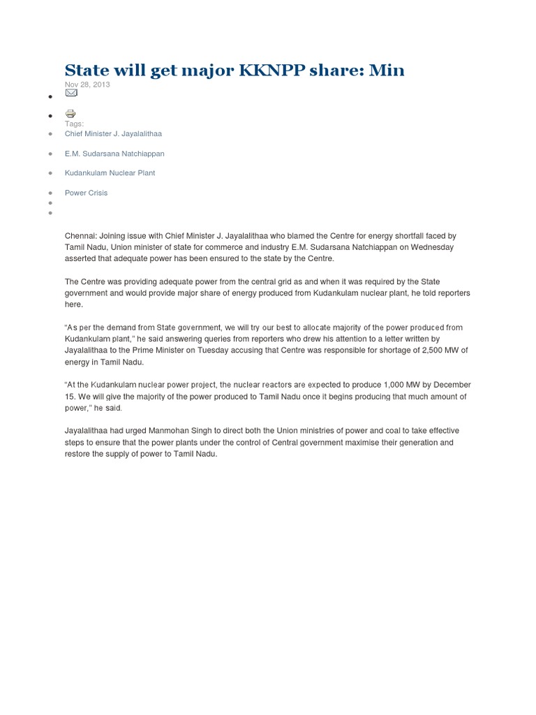 State Will Get Major KKNPP Share | PDF | Nuclear Power | Energy Technology