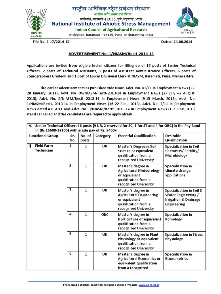 National Institute of Abiotic Stress Management: ADVERTISEMENT No: 1 ...