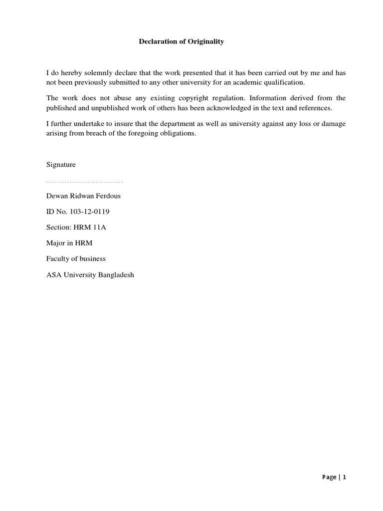 Declaration of Originality 5 Final | PDF | Employee Benefits | Employment