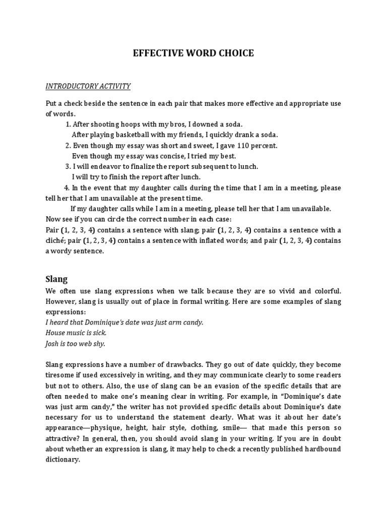 Effective Word Choice: Introductory Activity | Download Free PDF ...