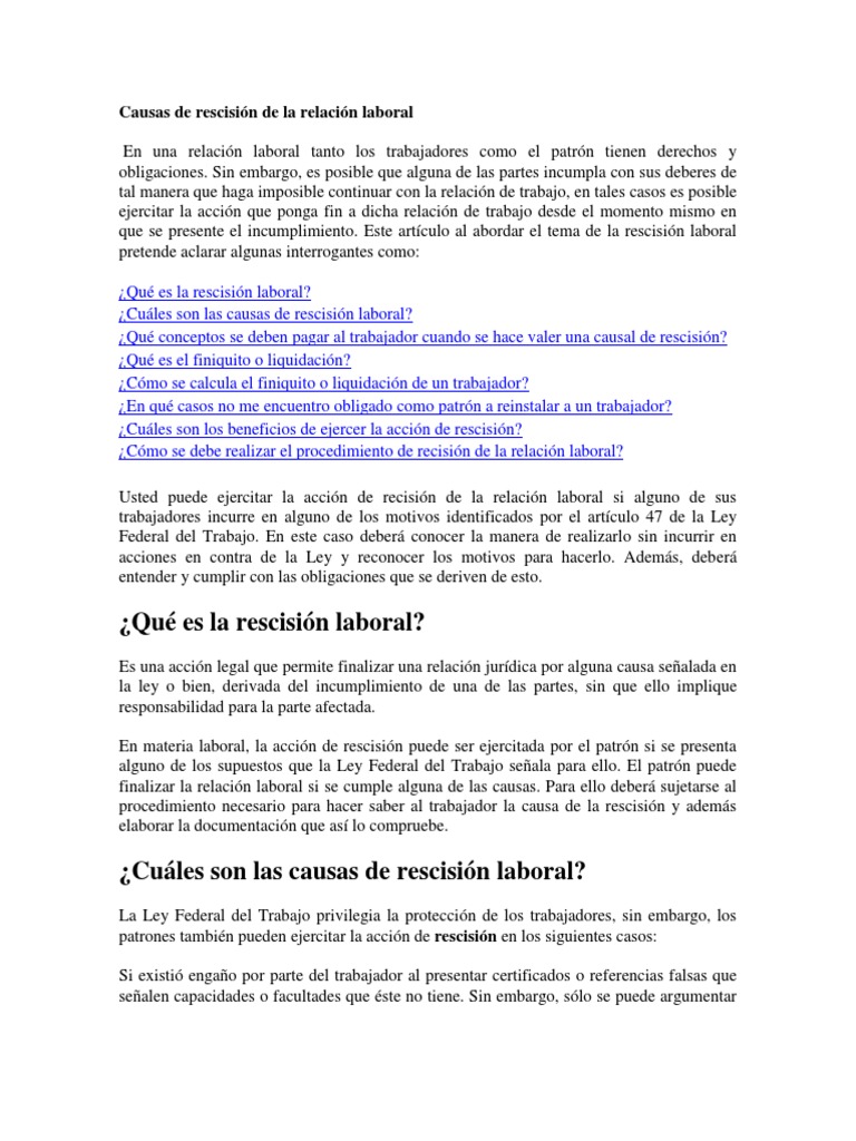 Causas de Rescisión de La Relación Laboral | Marca registrada ...